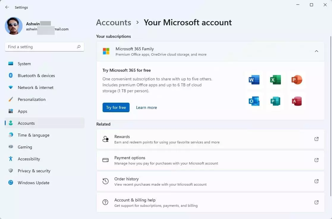 Stran vašega računa Microsoft v sistemu Windows 11