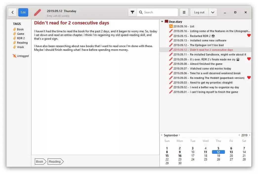 Lifeograph minangka aplikasi jurnal sing dienkripsi kanggo Windows, Linux lan Android