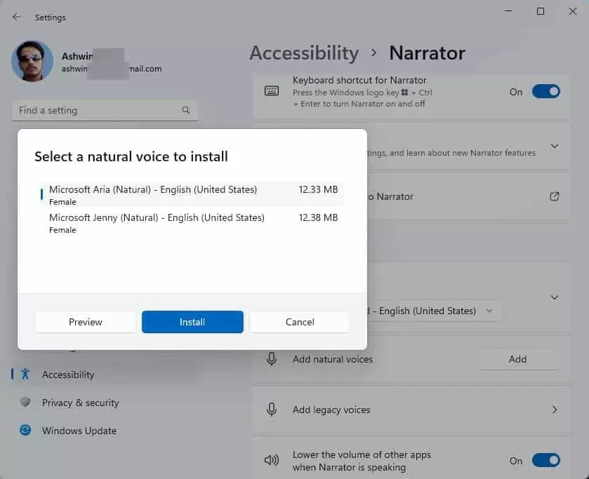 Windows 11 Insider Preview Pagtukod og 22543 nga natural nga mga tingog sa narrator