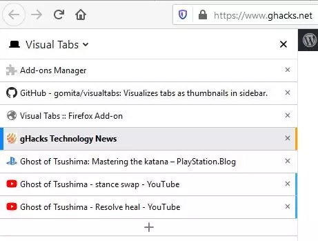Visual Tabs yog Firefox txuas ntxiv uas tso cov npe scrollable ntawm tabs hauv ib lub sidebar