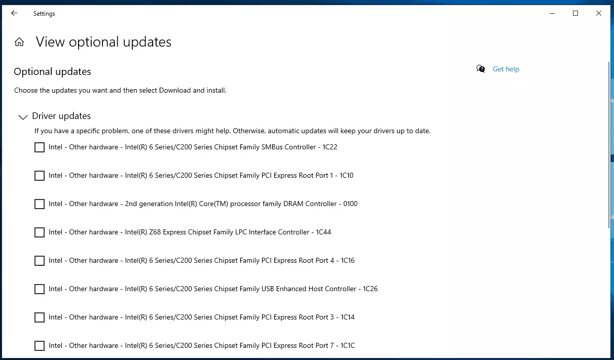 Lista de controladores opcional Windows 10 20h1
