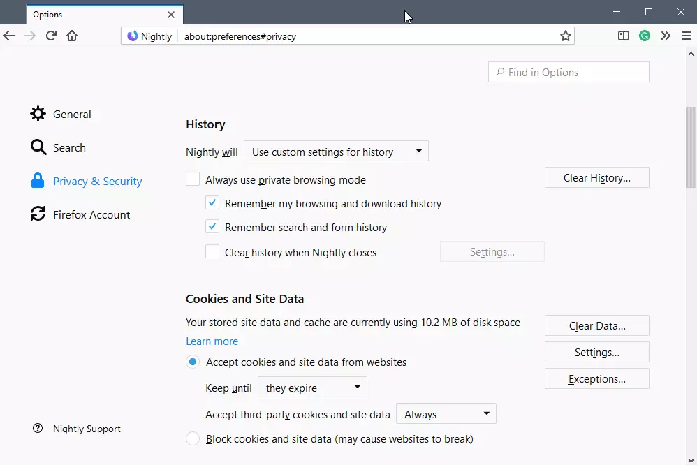 Firefox 60 cookie 管理