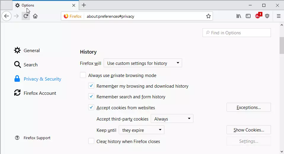 firefox ქუქიები მესამე მხარის