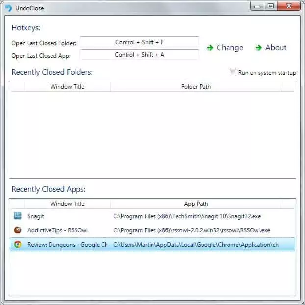 UndoClose Повторно відкриває закриті програми, папки в Windows Explorer 24772_1