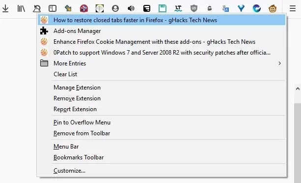 Undo Close Tab-ը հավելում է, որը ցուցադրում է Firefox-ի վերջերս փակված ներդիրների ցանկը, որը կտտացնում է
