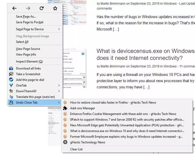 Hoàn tác Đóng tab Trình đơn ngữ cảnh của trang tiện ích mở rộng Firefox