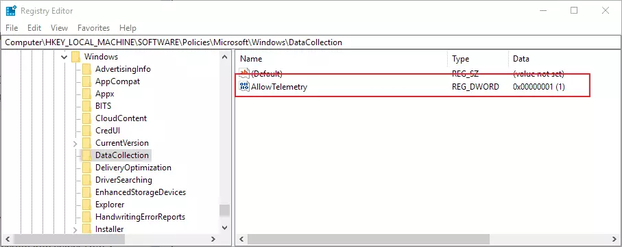 Windows 10 set regjistri i nivelit të telemetrisë
