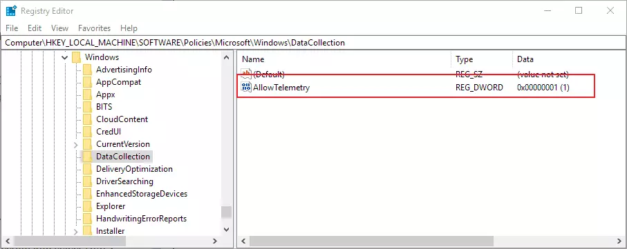 windows 10 set telemetry level registry