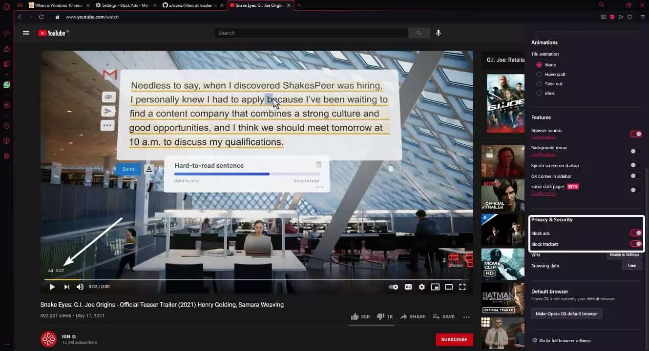 Browser Opera dan Opera GX tidak memblokir iklan di YouTube