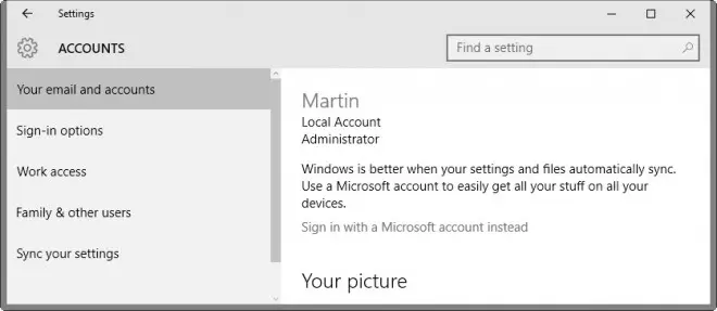 Windows 10 kontu lokala