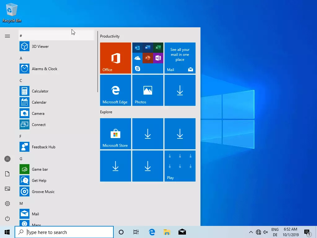 Windows 10 guhertoya 1909 menuya destpêkê