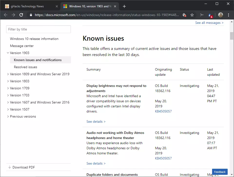 windows 10 1903 məlum problemlər