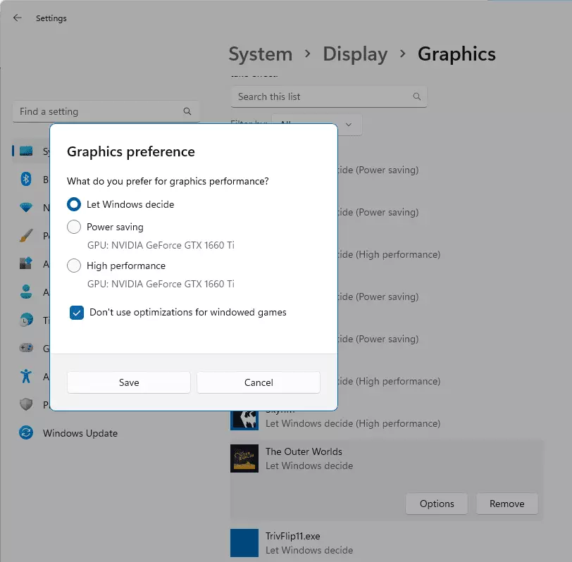 Windows 11 optimizacije za postavke igara s prozorom