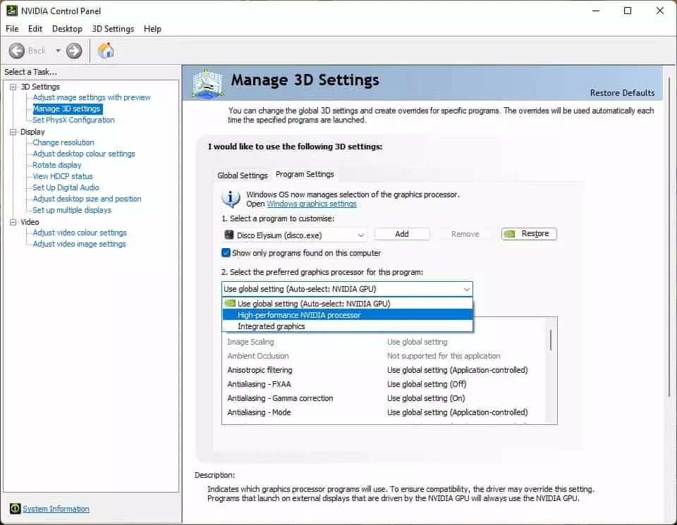 mga setting ng nvidia control panel