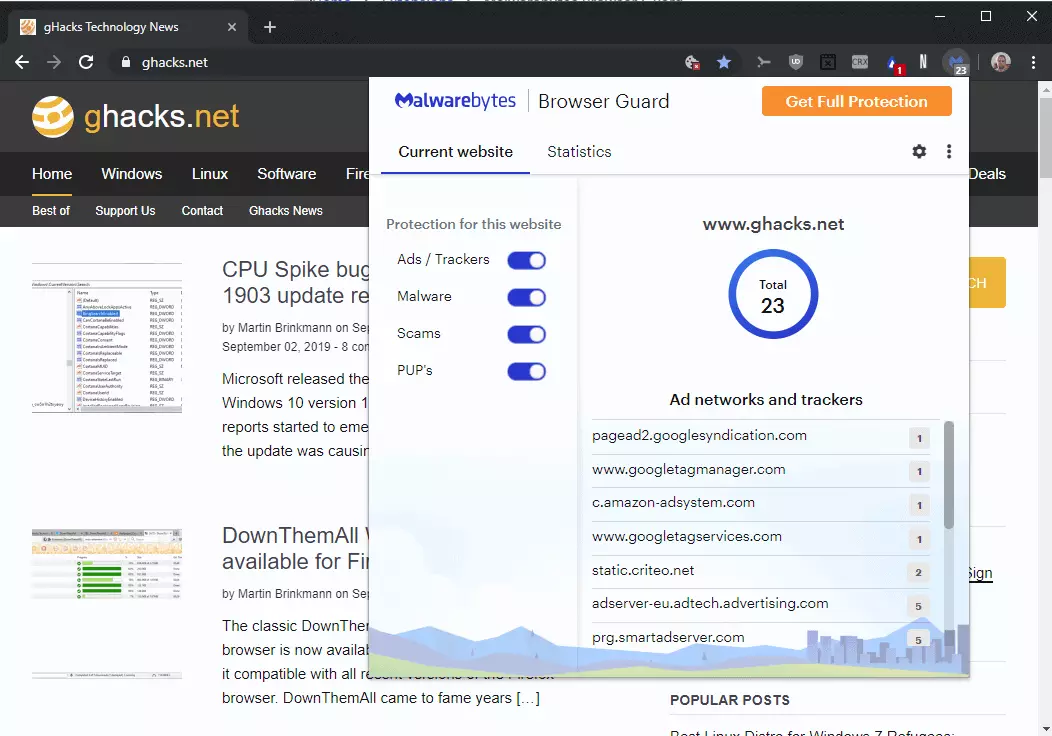 malwarebytes உலாவி கட்டுப்பாடு