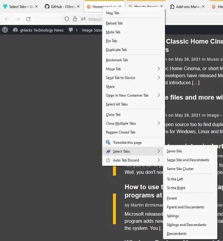 Firefox ಗಾಗಿ ಆಯ್ಕೆ ಟ್ಯಾಬ್ಗಳ ವಿಸ್ತರಣೆಯೊಂದಿಗೆ ಕೇವಲ 2-ಕ್ಲಿಕ್ಗಳೊಂದಿಗೆ ಒಂದೇ ಸೈಟ್ನ ಬಹು ಟ್ಯಾಬ್ಗಳನ್ನು ಆಯ್ಕೆಮಾಡಿ