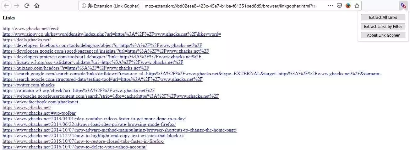 Ang Link Gopher ay isang Firefox add-on na maaaring kumuha ng mga link mula sa isang webpage