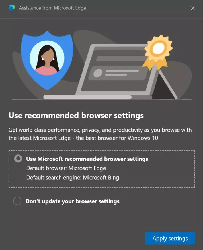 Microsoft Edge-recommandéiert Browser Astellunge