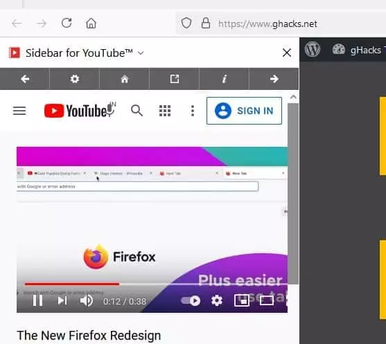 Browst YouTube vun enger Säitepanel mat der Sidebar fir YouTube Extensioun fir Opera a Firefox