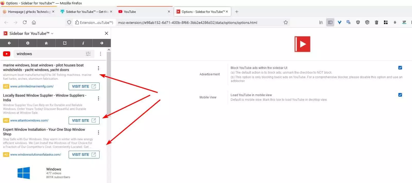 Sidebar bakeng sa litaba tsa YouTube ad blocker