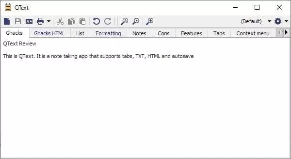 Ang QText ay isang note taking program na sumusuporta sa mga tab, TXT, HTML at autosave