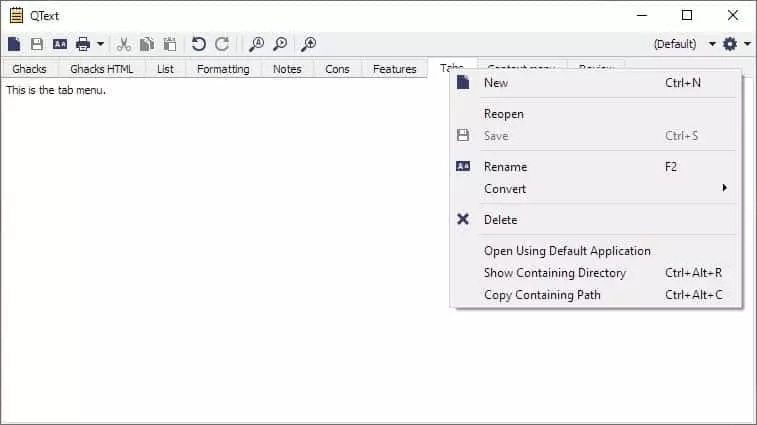 QText tab menu