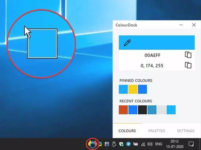 Indicatorul ColourDock și pictograma tavă în vizualizare mărită