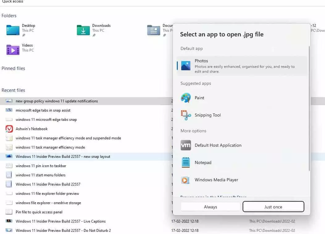 nové otvorené s dialógovým oknom v zostave Windows 11 22567