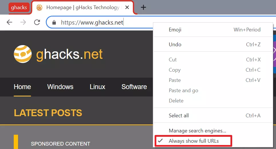 Chrome arată întotdeauna adresele URL complete