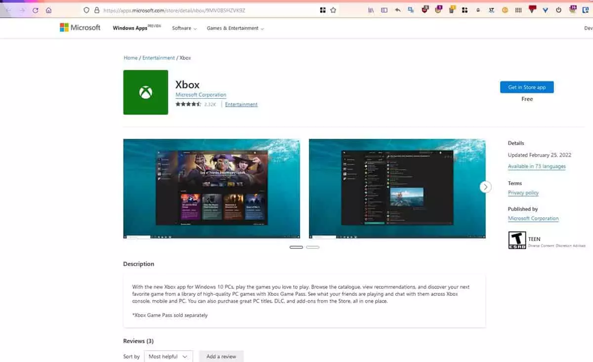 Verzia webového prehliadača Microsoft Store