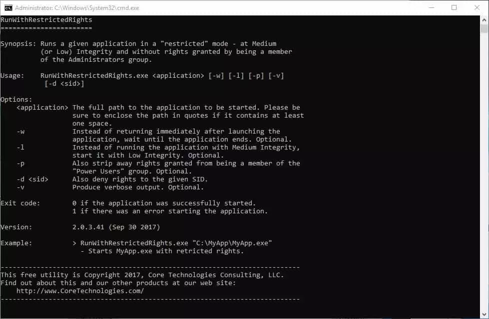 Arguments RunWithRestrictedRights