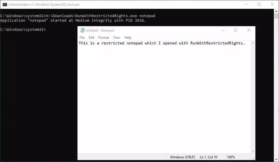 RunWithRestrictedRights notepad test