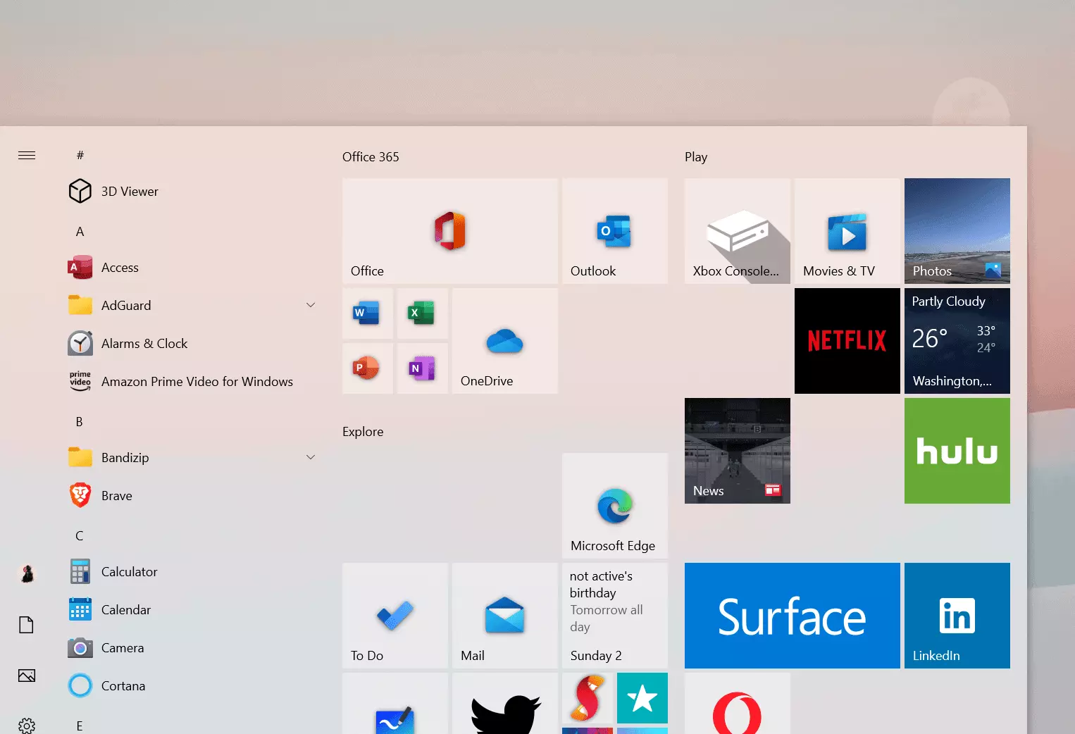 Windows 10 の新しいスタート メニュー