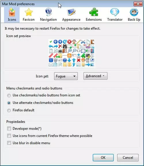 Firefox Mar Mod, налаштування параметрів Firefox