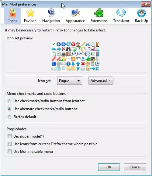 Firefox Mar Mod, τροποποιήστε τις ρυθμίσεις του Firefox