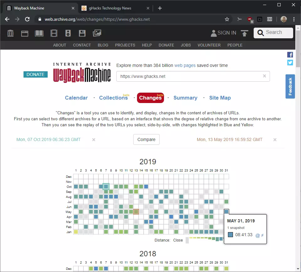 Wayback Machine параўнаць інтэрнэт-старонкі