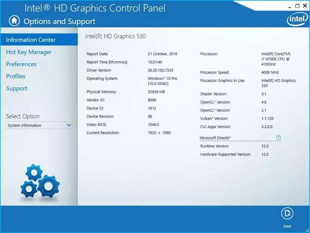 Maklumat Pemacu Grafik Intel untuk Windows 10 1909