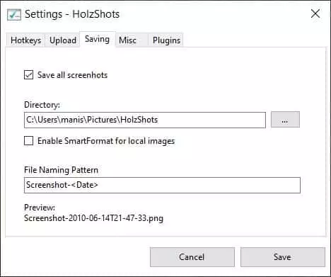 د HolzShots ترتیبات