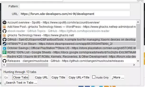 Extensie Tabhunter pentru filele cu selecție multiplă Firefox și Chrome