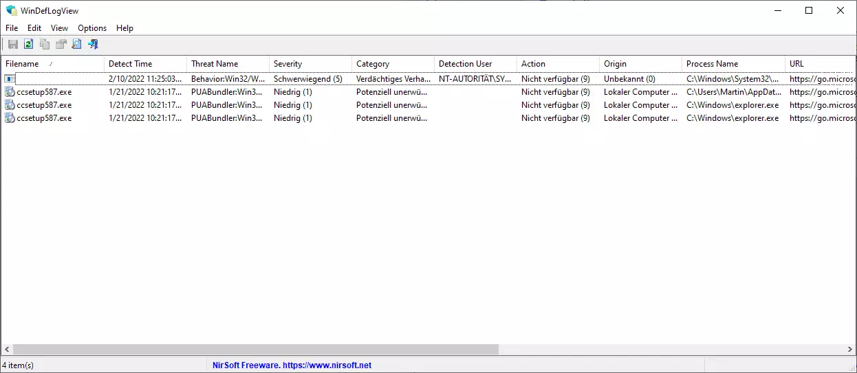 изглед на регистрационния файл на windows defender