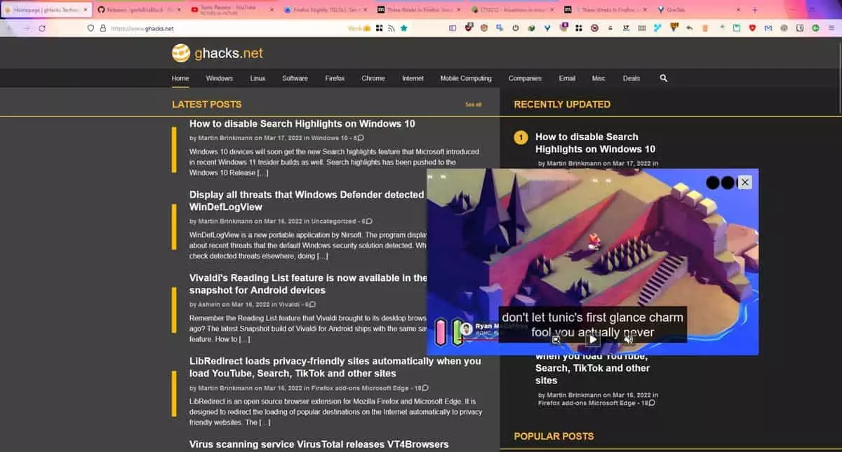 Mozilla Firefox מציג כעת כתוביות עבור סרטונים במצב תמונה-בתמונה בערוץ הלילה