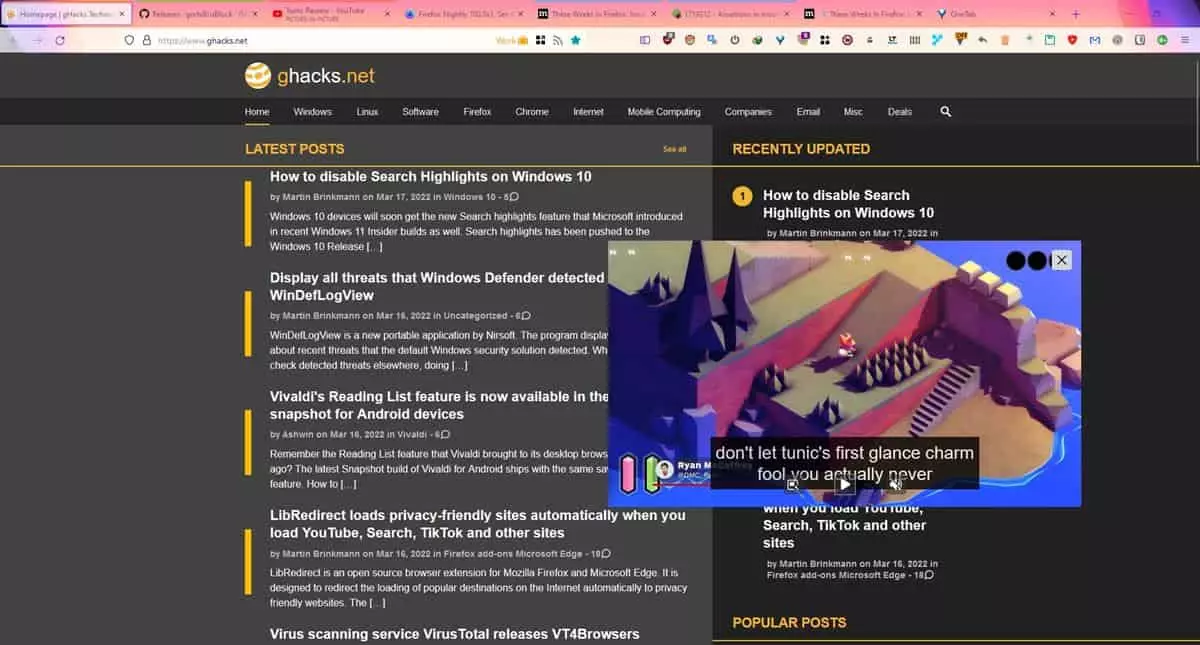 Mozilla Firefox tagad Nakts kanālā parāda videoklipu subtitrus režīmā Attēls attēlā