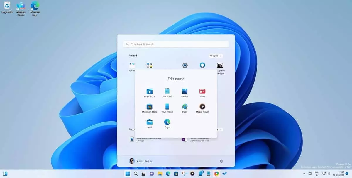 Windows 11 Insider Preview Build 22579 gerir þér kleift að nefna möppur í upphafsvalmyndinni