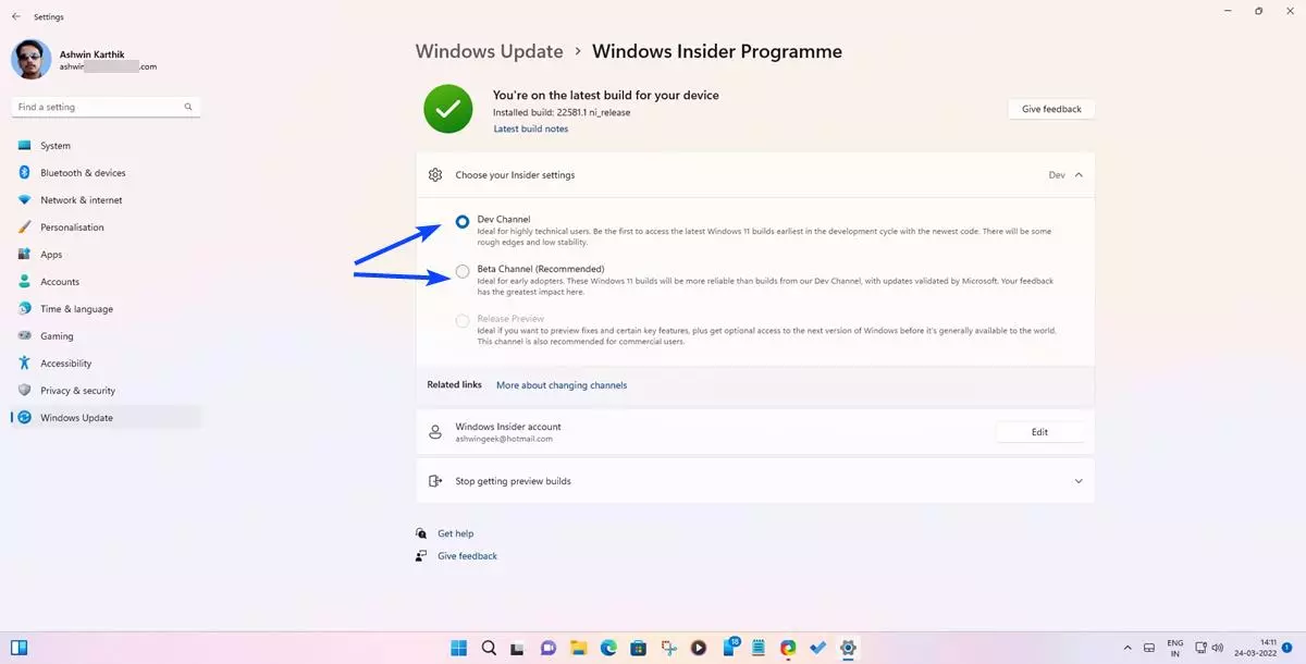 Windows 11 Insider Preview Build 22581 සීමිත කාලයක් සඳහා Dev වෙතින් Beta නාලිකාවට මාරු වීමට පරිශීලකයින්ට ඉඩ දෙයි