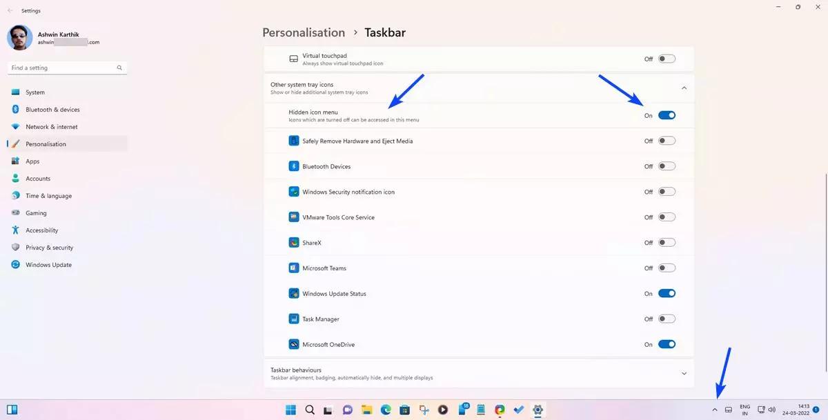 Windows 11 slēpj slēpto ikonu izvēlni