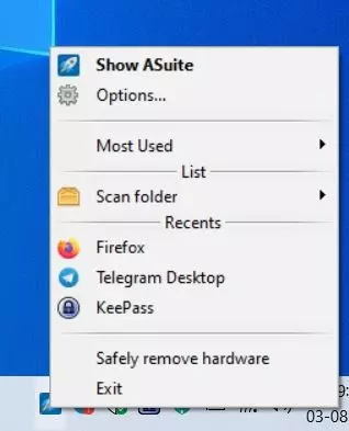 Asuite tray icon menu