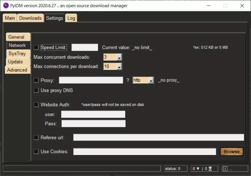 Netwerk tas-settings Pyidm