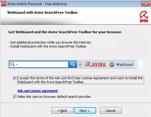 avira searchfree panel nástrojů