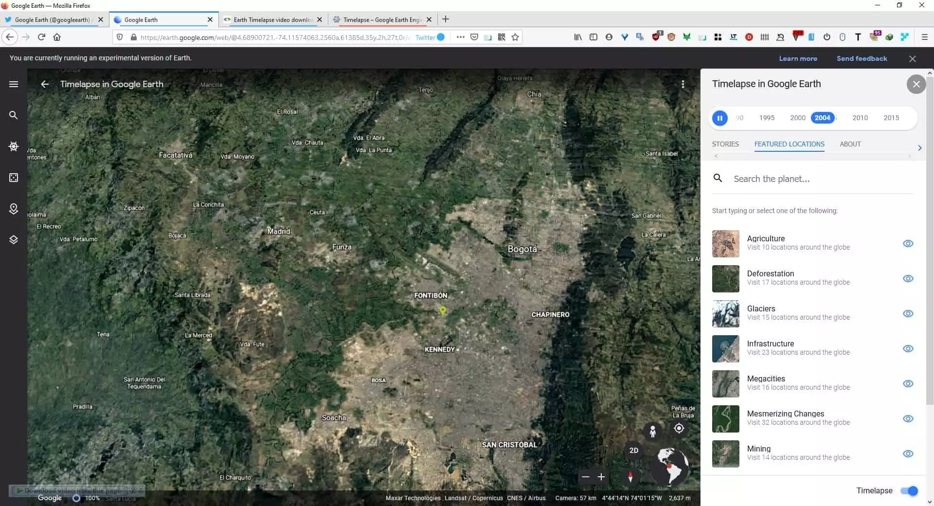 Google Earth Timelapse бейнелері ұсынылған орындар