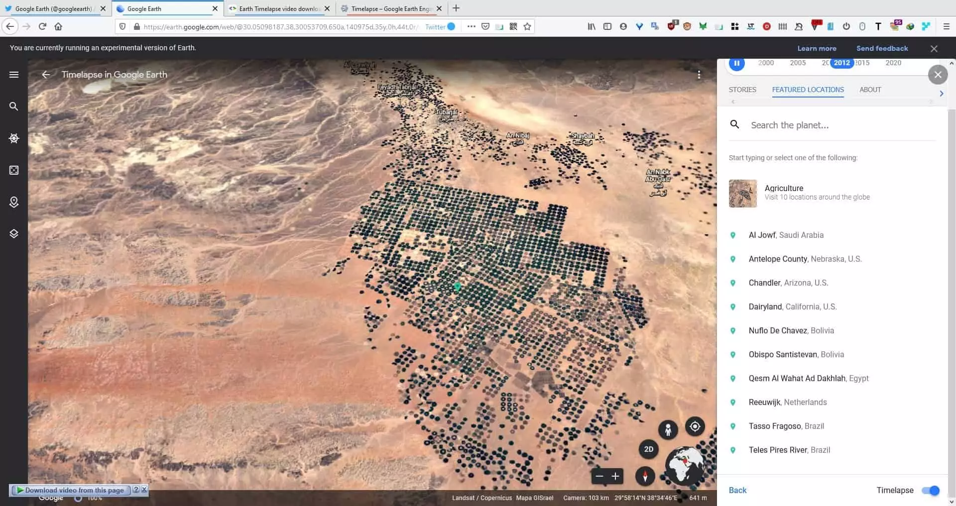 Livideo tsa Google Earth Timelapse li na le lethathamo la libaka